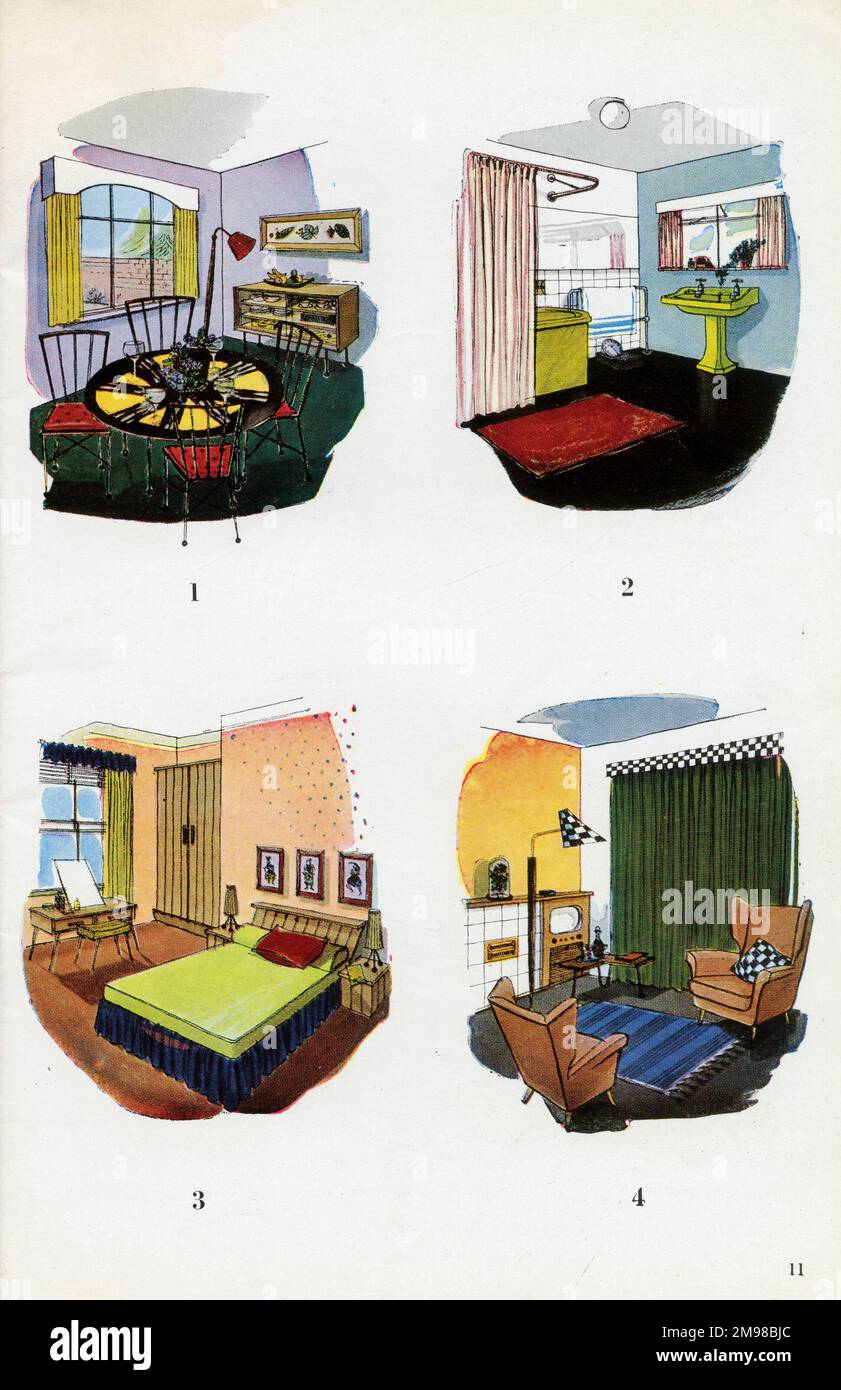 Illustration in The Curtain Book, showing four different rooms of a ...