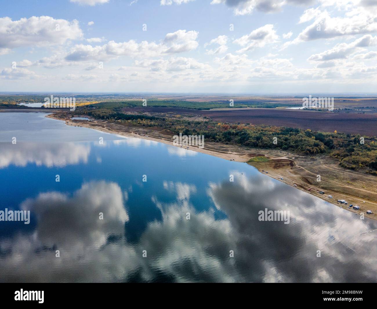 Aerial Autumn view of Pyasachnik (Sandstone) Reservoir, Sredna Gora ...