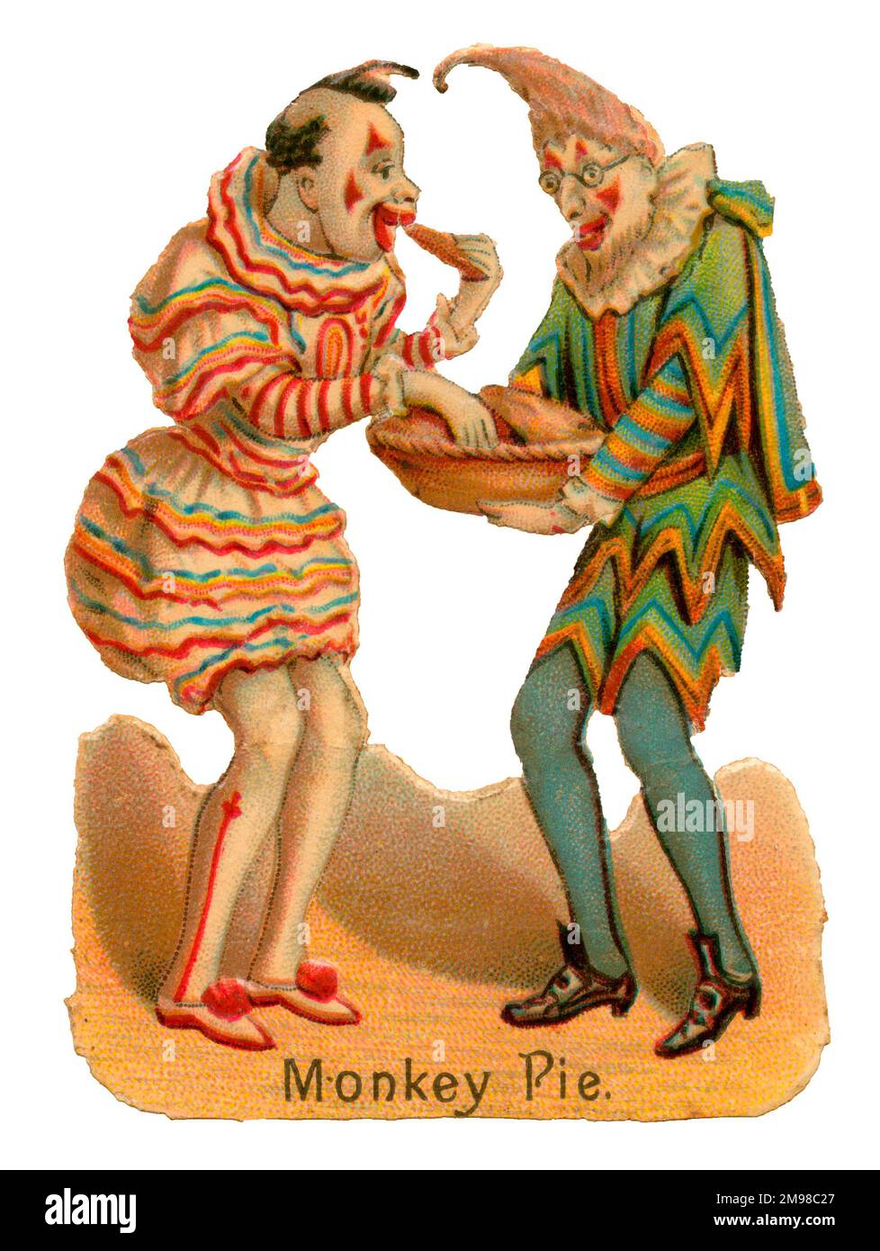Victorian scrap - circus clowns eating monkey pie Stock Photo - Alamy