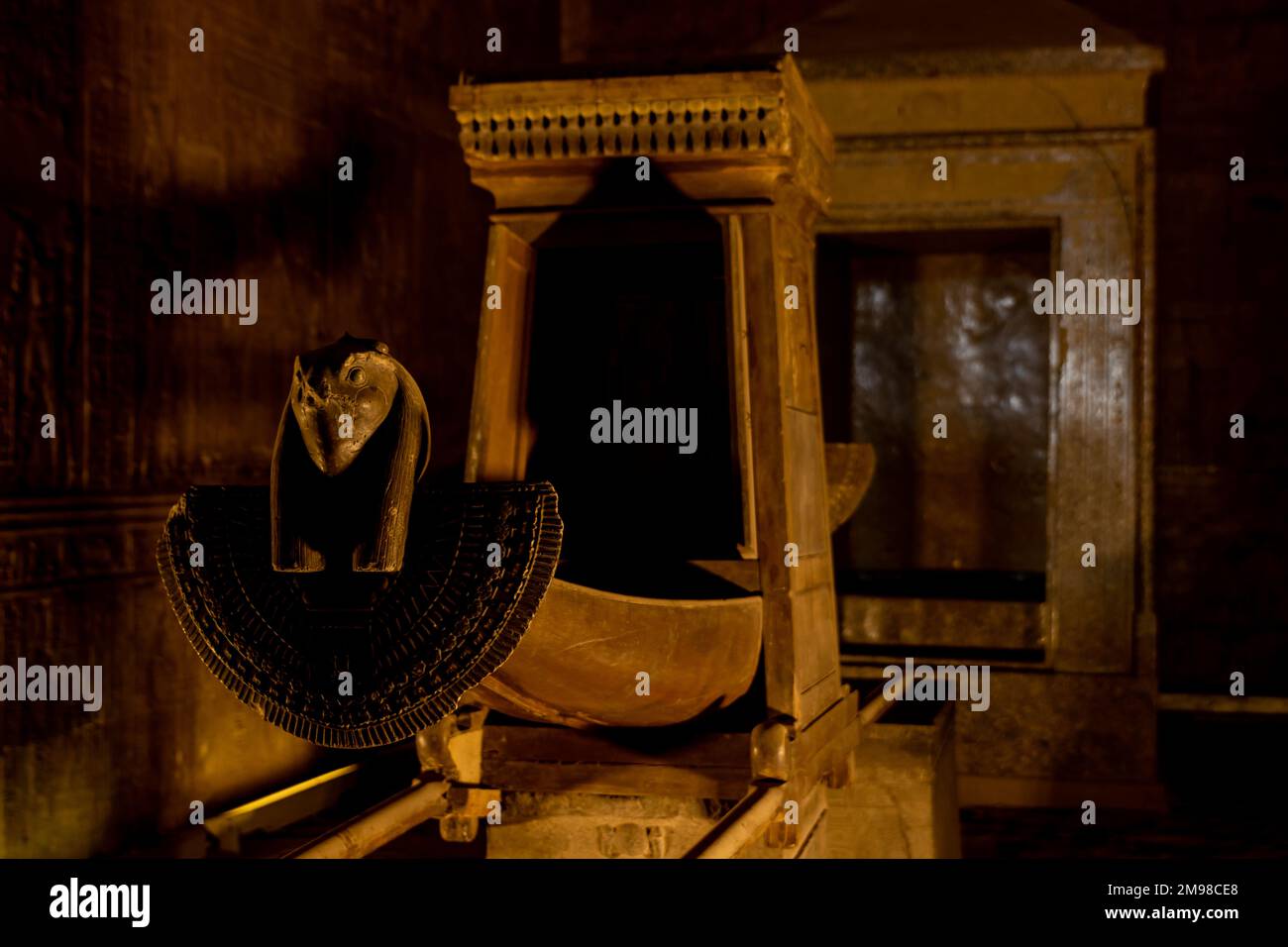 Close-up of sacred solar boat inside the temple of Horus in Edfu ...
