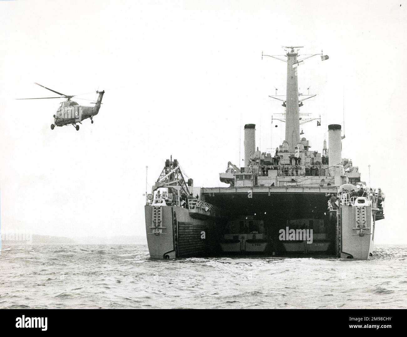 An RAF Westland Wessex flies over HMS Fearless (L10) at Lee-on-Solent ...