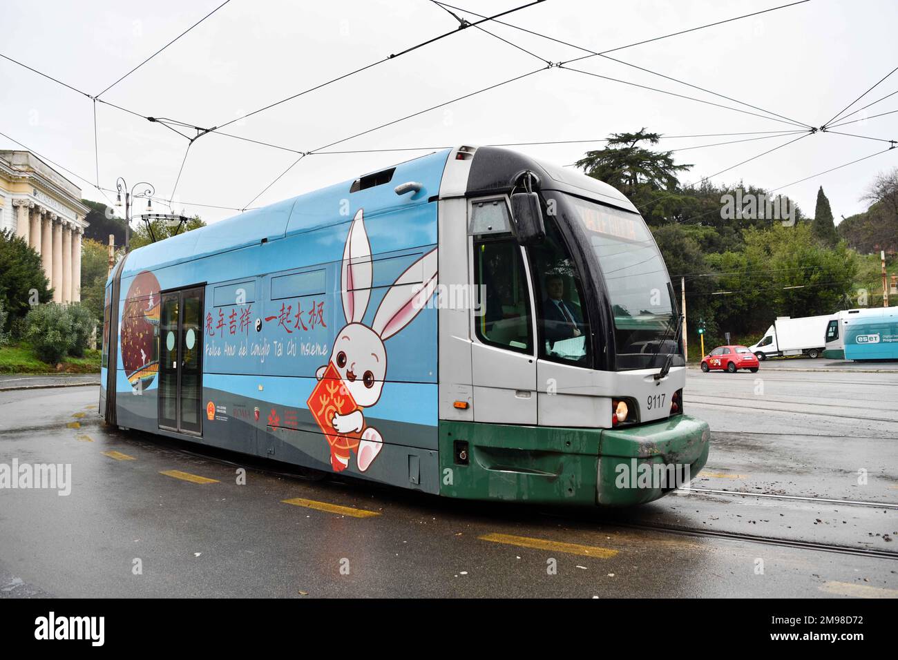 Rome, Italy. 17th Jan, 2023. A tram decorated with paintings themed on ...