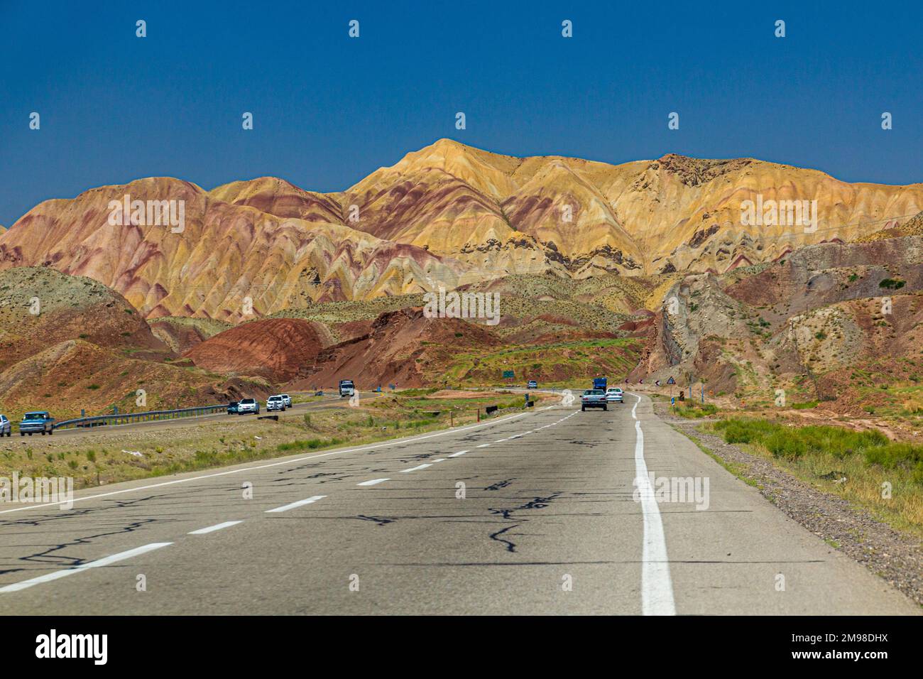 Freeway through colorful rainbow Aladaglar mountains in Eastern ...