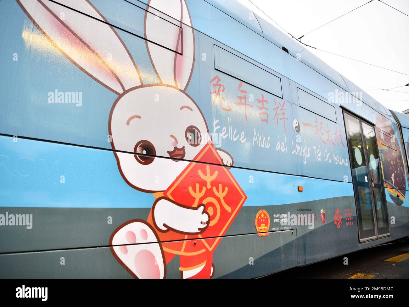 Rome, Italy. 17th Jan, 2023. A tram decorated with paintings themed on ...