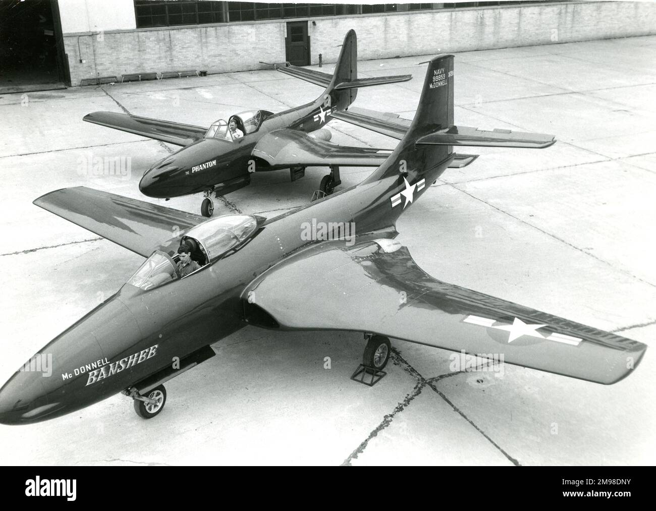 The first McDonnell XFD-1 Phantom, 48235, behind its larger successor ...