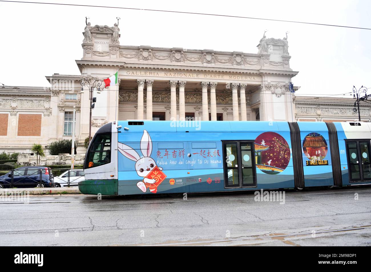 Rome, Italy. 17th Jan, 2023. A tram decorated with paintings themed on ...