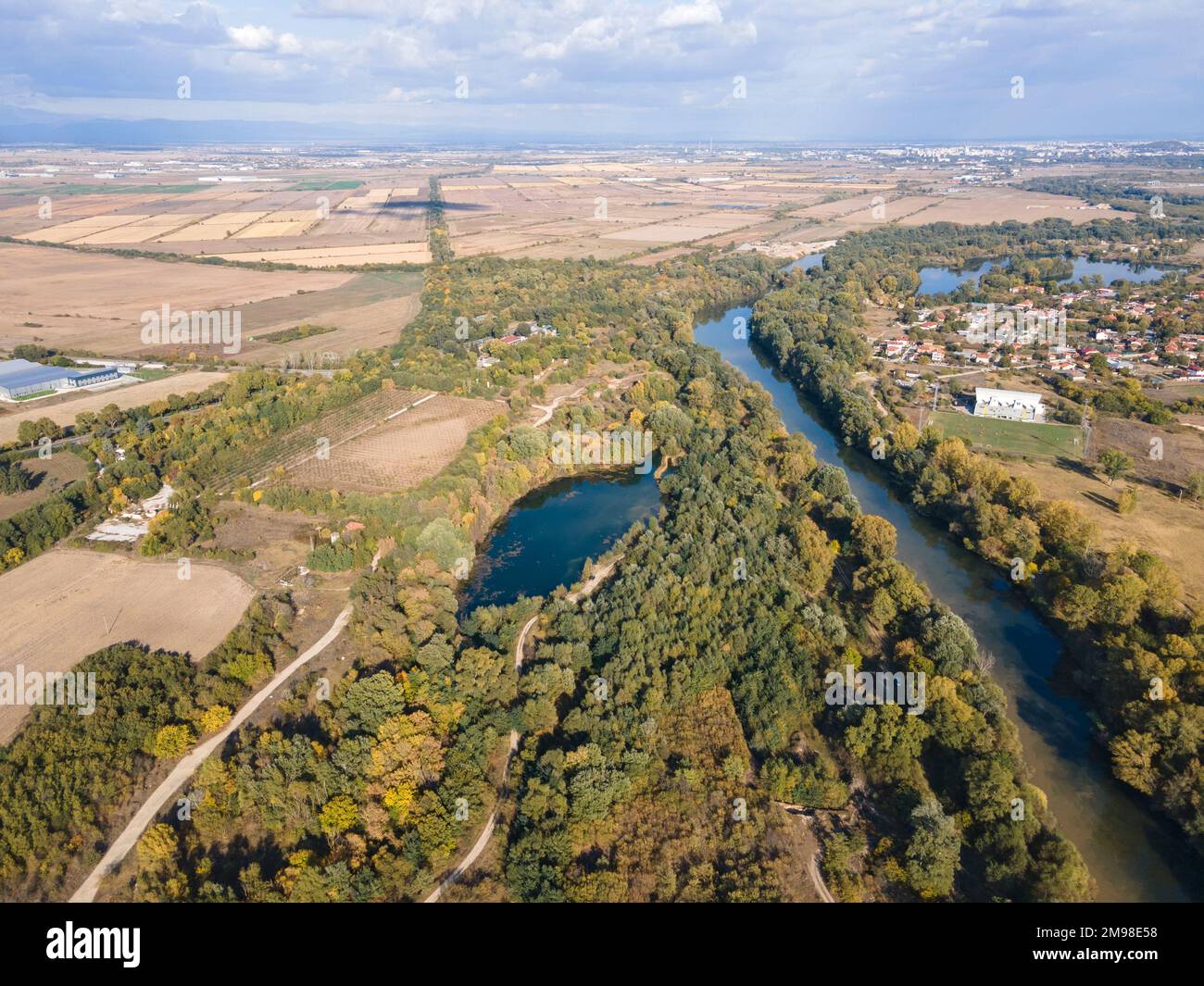 Aerial view of Maritsa River near village of Orizari, Plovdiv region ...