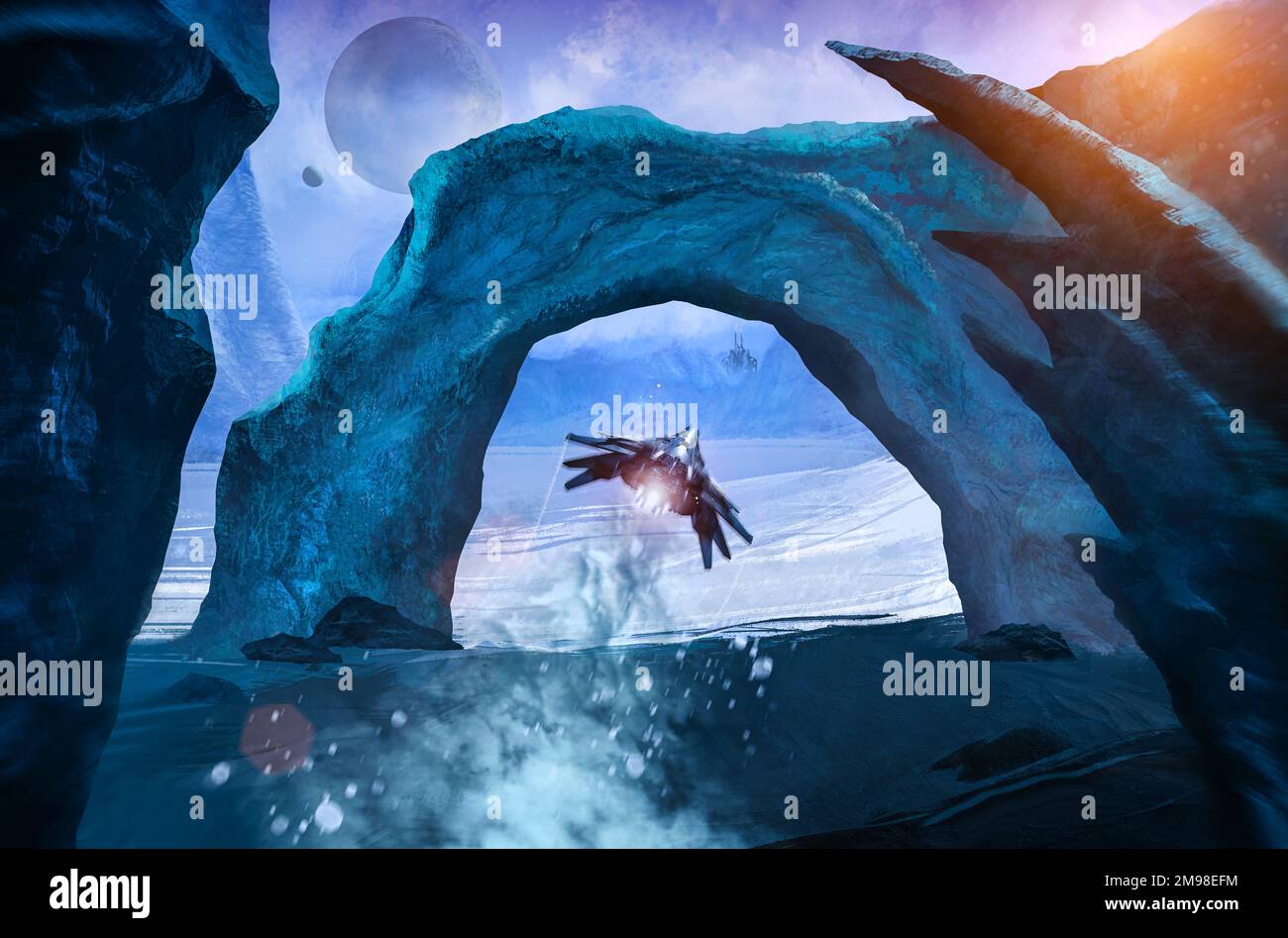 Spaceship and strange planet, 3D illustration Stock Photo - Alamy