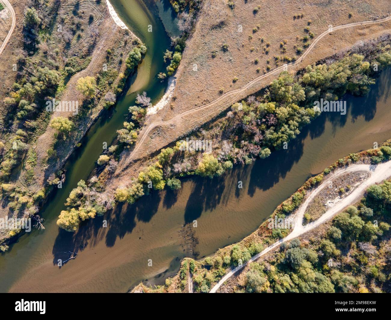 Aerial view of Maritsa River near village of Orizari, Plovdiv region ...
