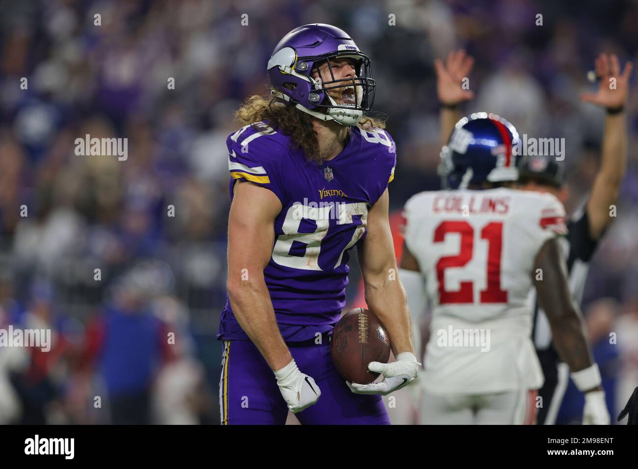 Minnesota Vikings tight end T.J. Hockenson (87) reacts after a play ...
