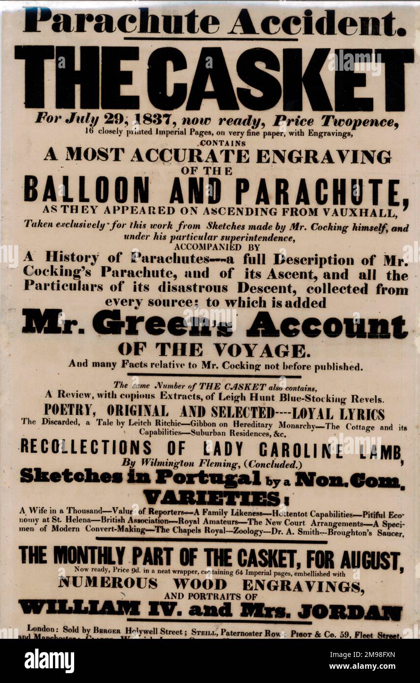 Poster for The Casket July 29 1837 advertising A History of Parachutes ...