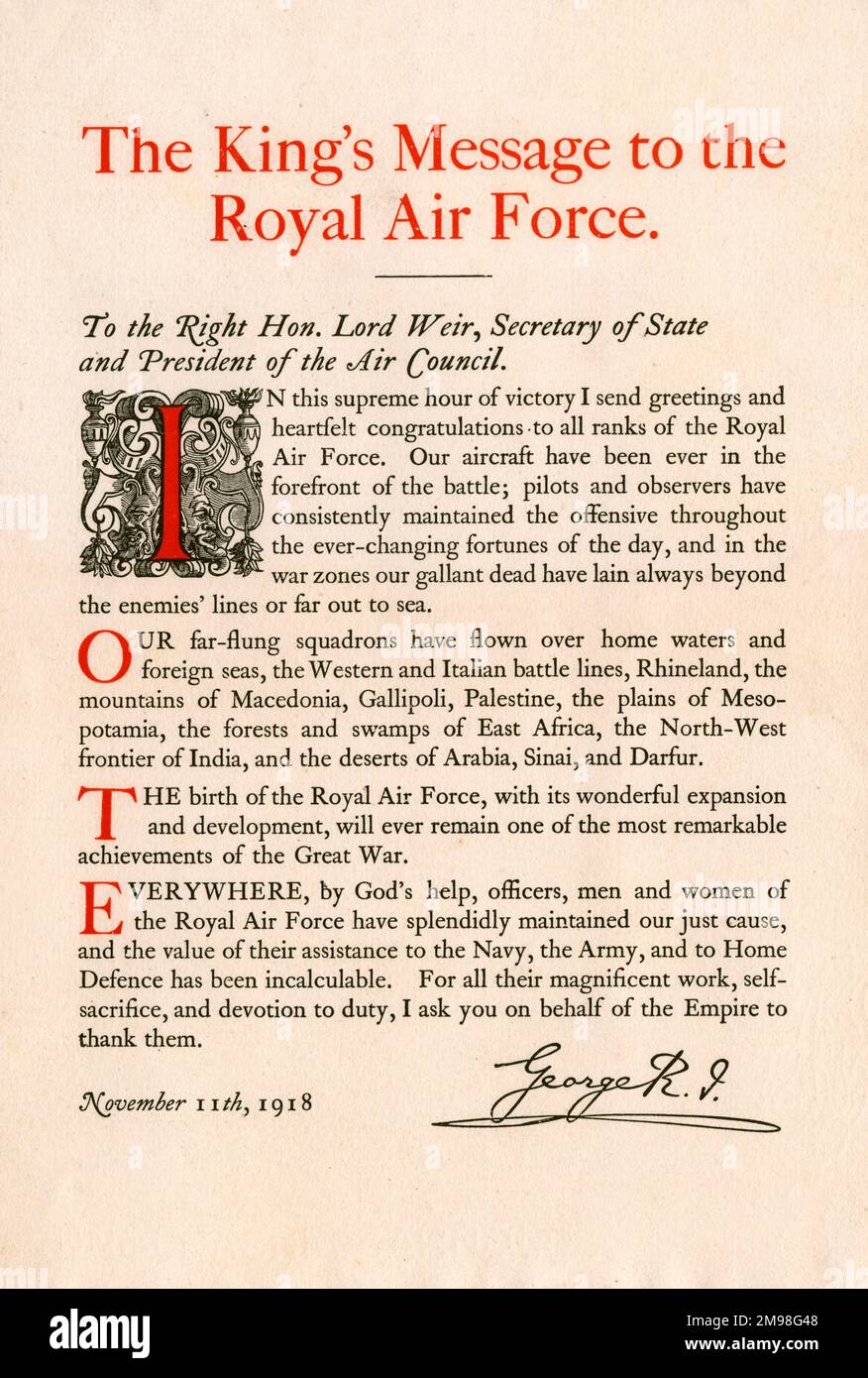 The King's Message to the Royal Air Force, 11 November 1918, thanking ...