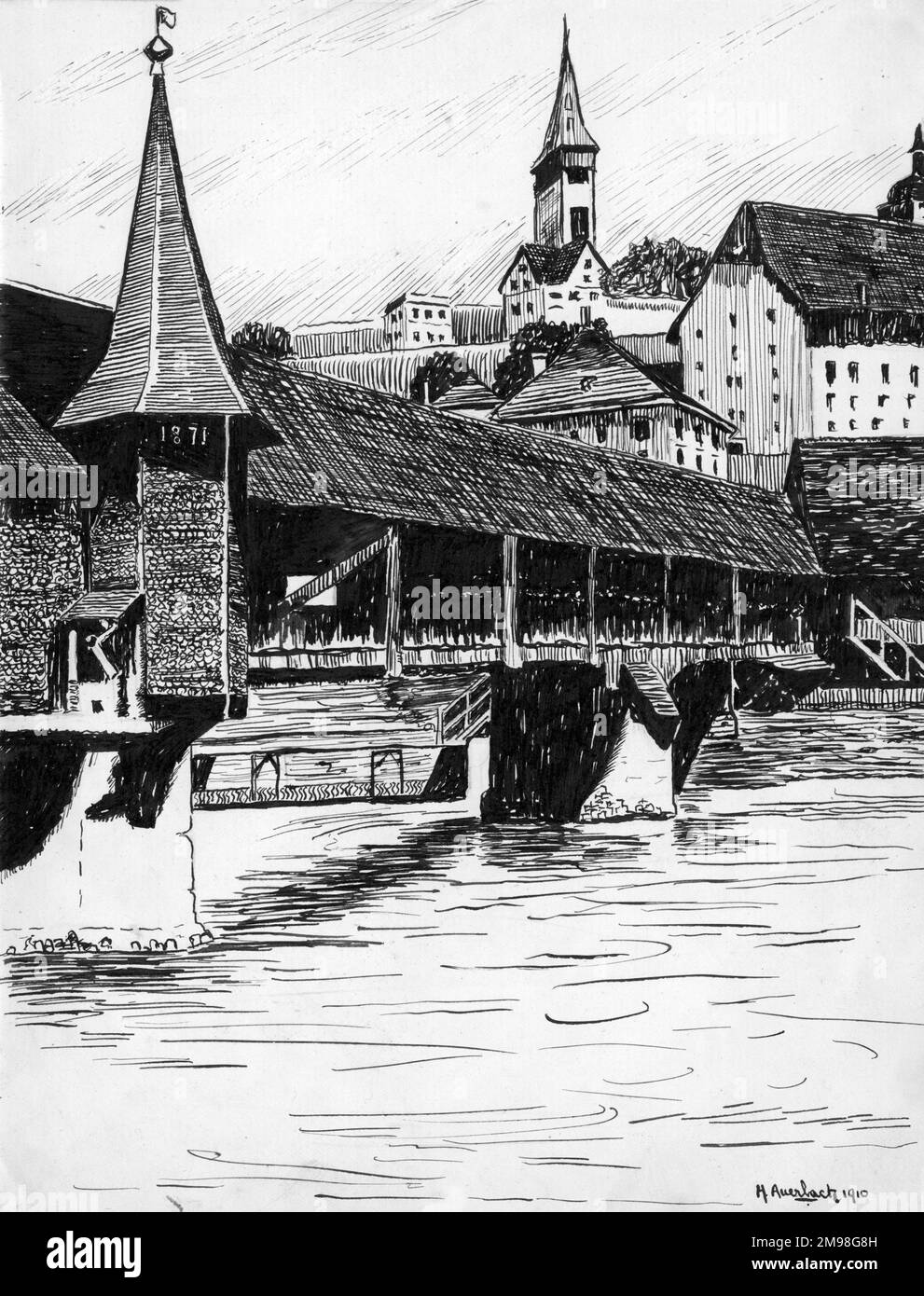 Pen and ink drawing by Harold Auerbach, Lucerne, Switzerland, April ...