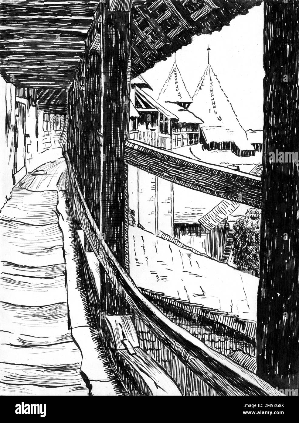 Pen and ink drawing by Harold Auerbach of The Ramparts at Morat (Murten ...