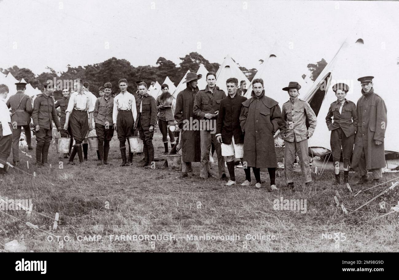 Young men from Marlborough College in an Officers' Training Corps camp ...