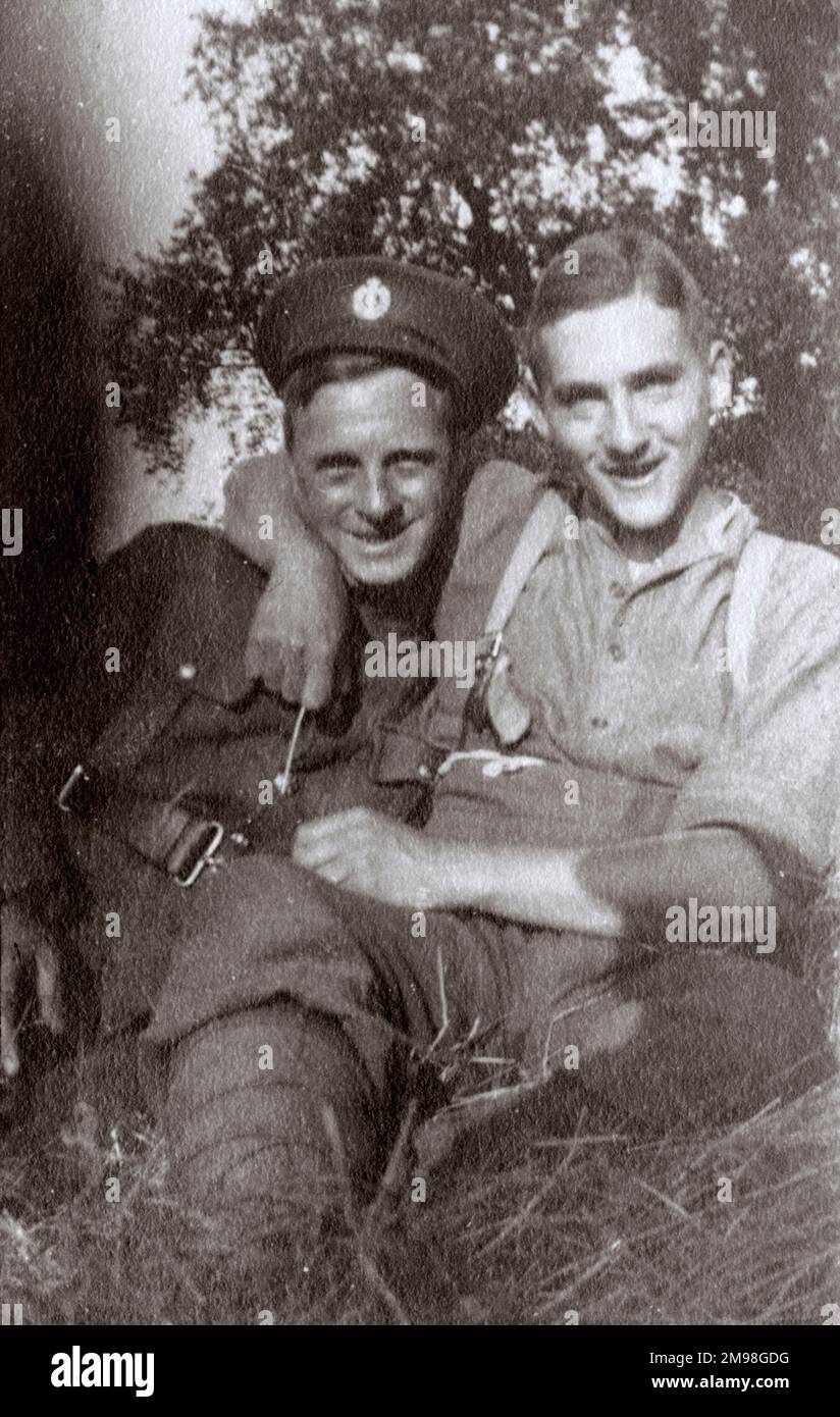 Two young soldiers relaxing at training camp, Warlies Park, Roydon ...