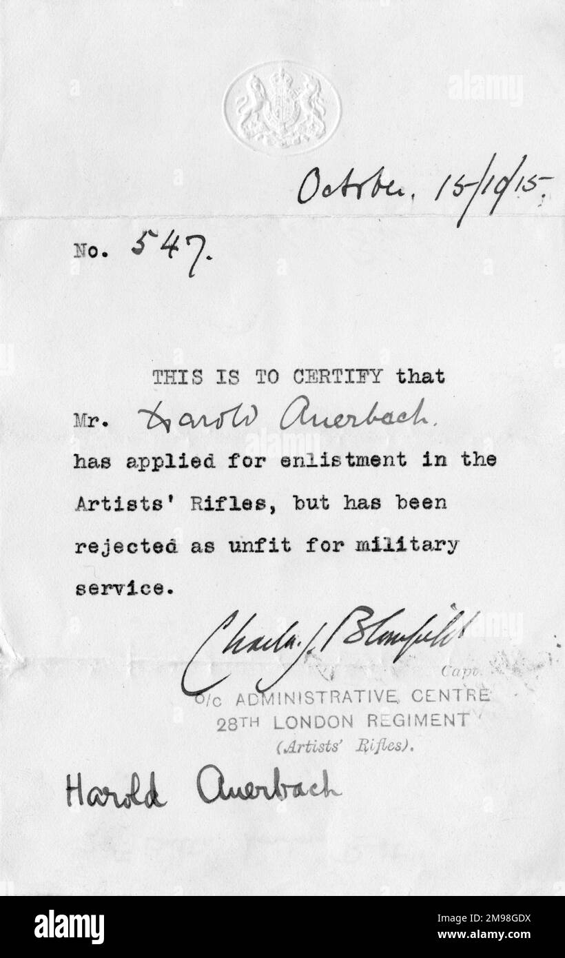 Letter of confirmation declaring Harold Auerbach (1897-1975) unfit for ...