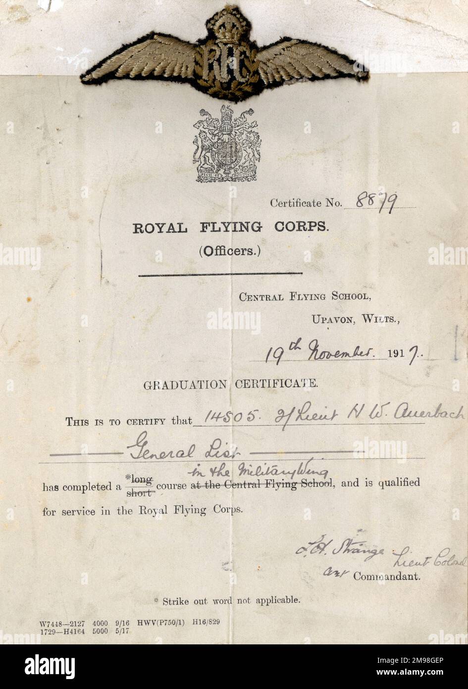 RFC (Officers) Graduation Certificate, Central Flying School, Upavon ...