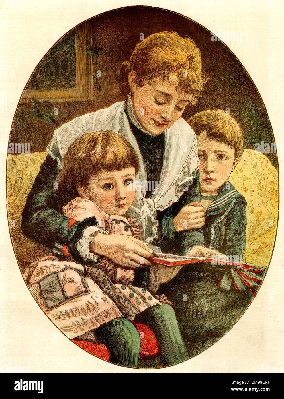 A Thrilling Story -- a mother reads from a book to her two children ...