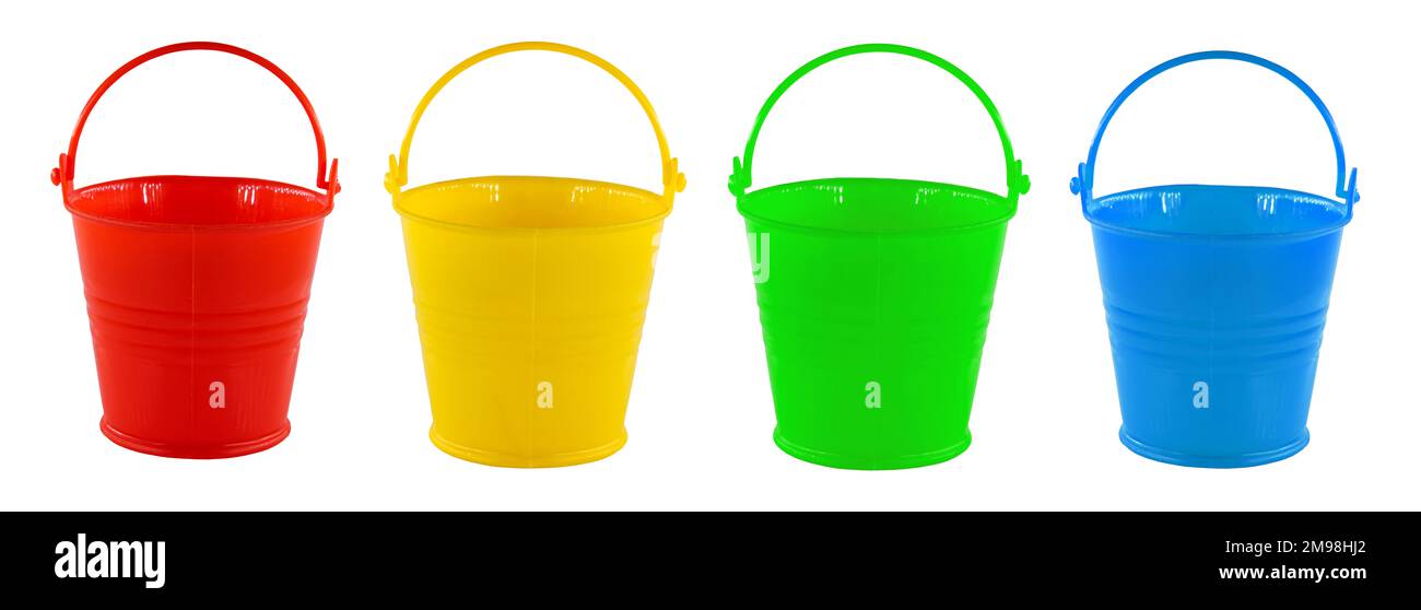 Four multi-colored buckets on a blue background. Small buckets red ...