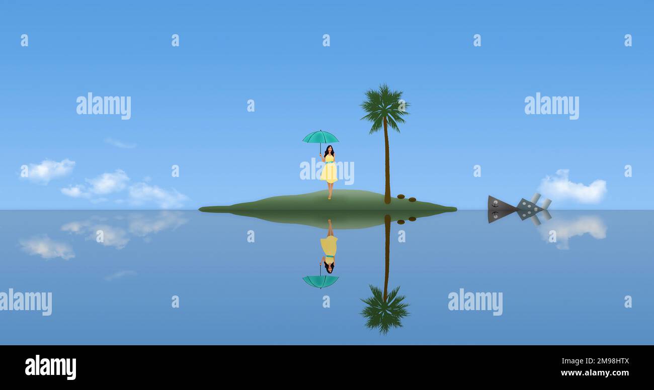 A woman stranded on a desert island by a shipwreck maintains her style ...