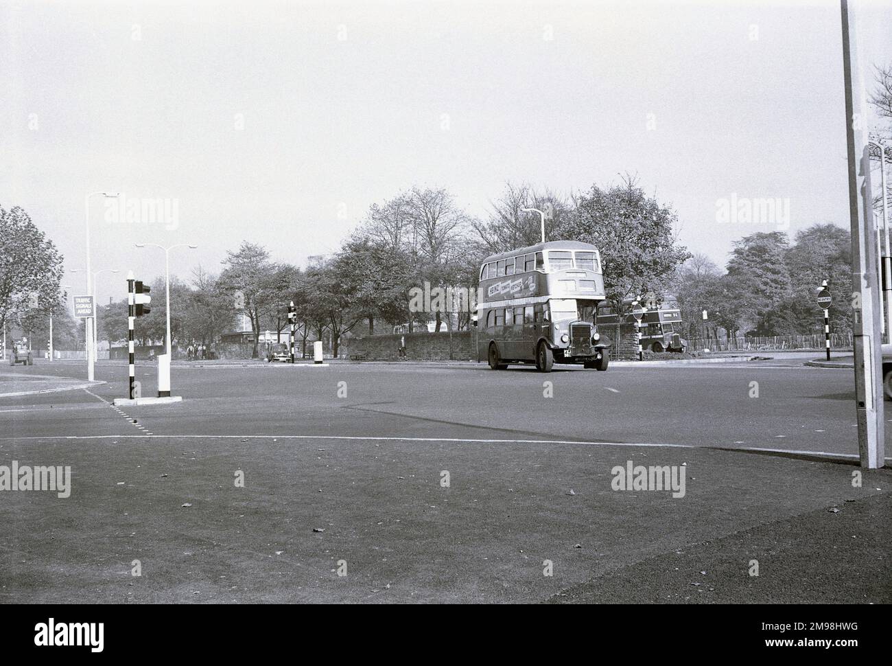 1950s, historical, double-decker bus on the Wilmslow Rd, Didsbury ...