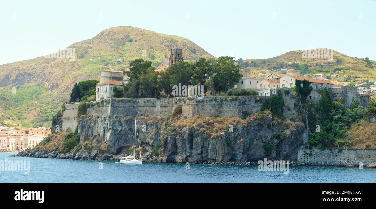 Aeolian islands, Sicily. View of the walls of the Lipari castle Stock ...