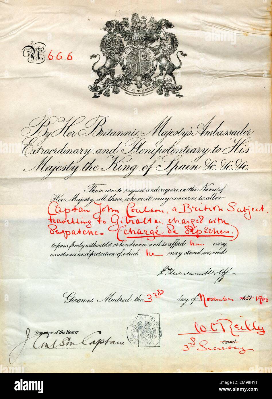 British passport from Madrid to Gibraltar, made out to Captain John ...