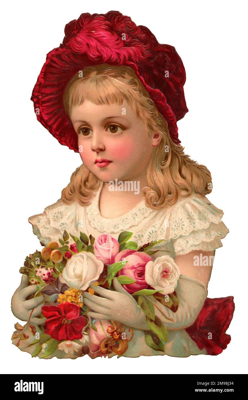 Victorian Scrap - Girl with bunch of flowers Stock Photo - Alamy