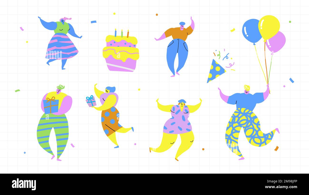 Happy people celebrating a birthday party doodles set vector Stock ...