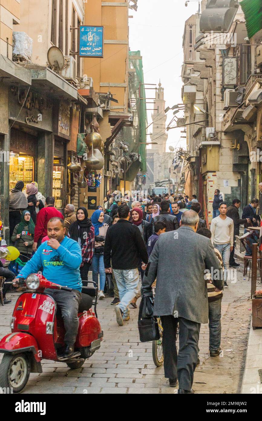 CAIRO, EGYPT - JANUARY 26, 2019: View of a busy narrow street in Cairo ...