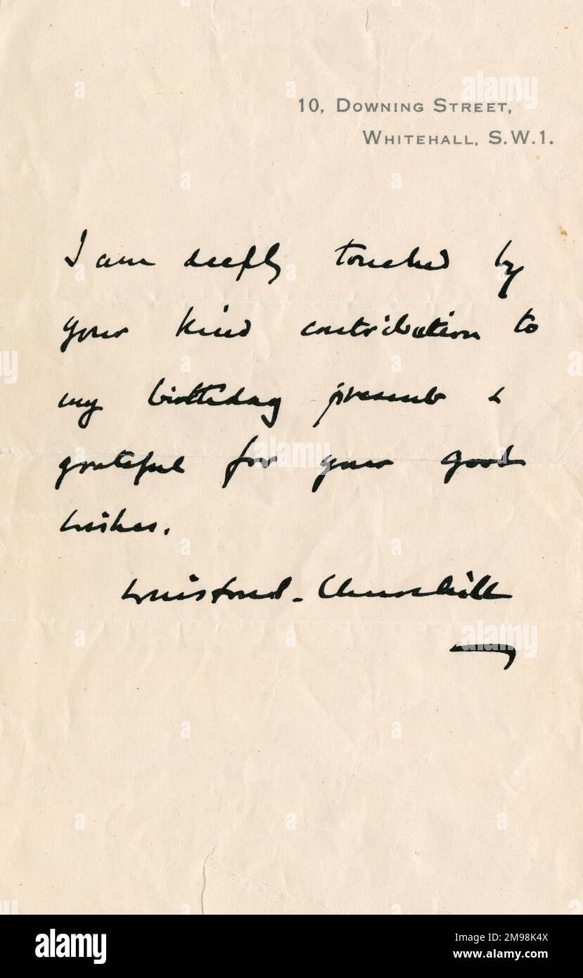 Thank you letter from Winston Churchill, British Prime Minister, headed ...