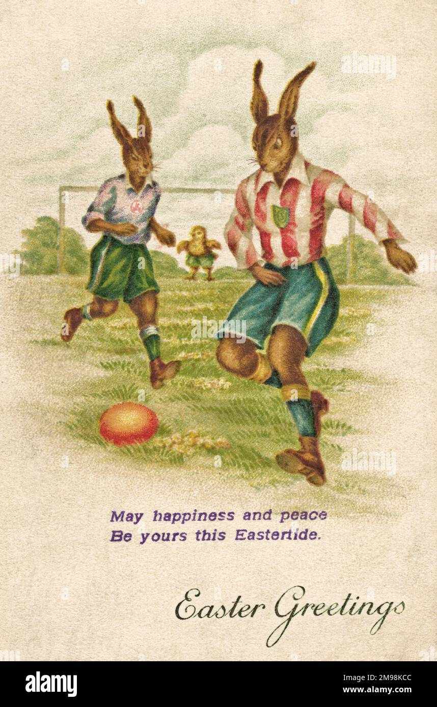 Rabbits playing football on an Easter postcard, with a chick as ...