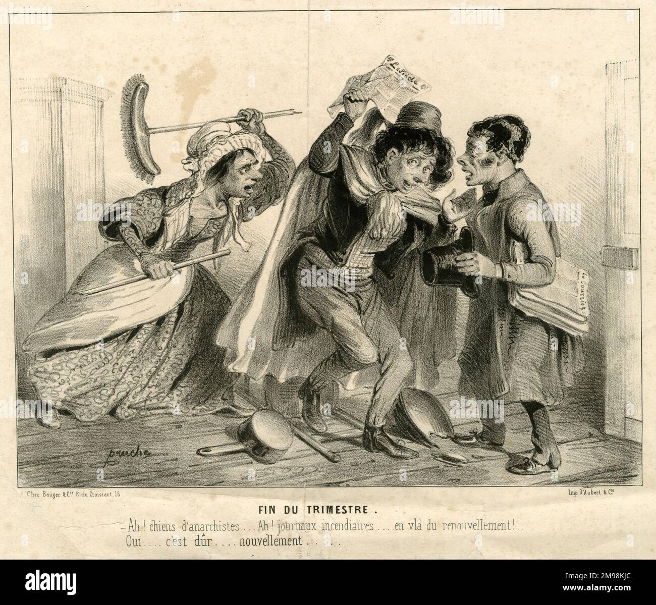 French political cartoon -- Fin du trimestre (End of term) -- a woman ...