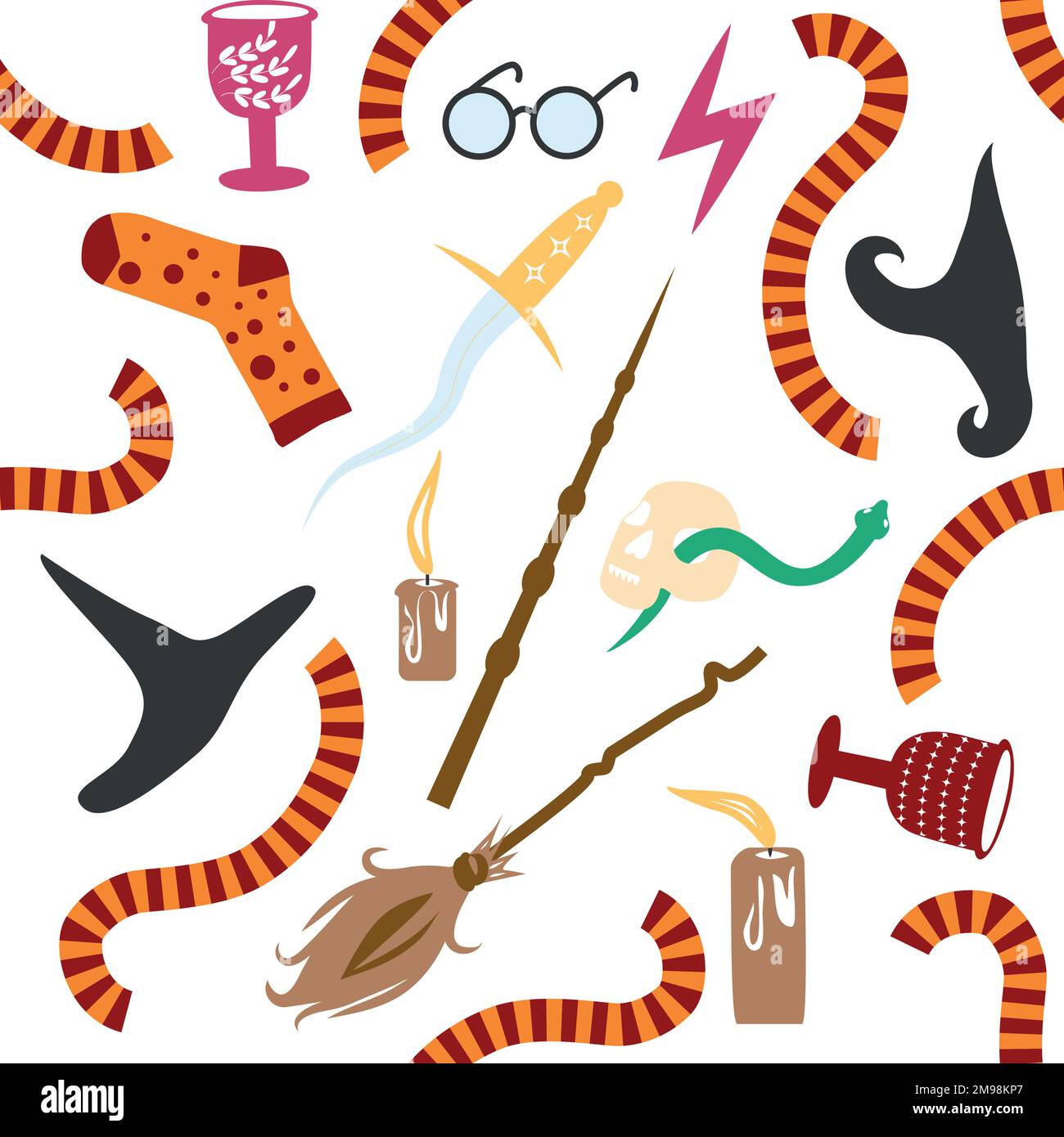 Witches school of magical objects seamless pattern in flat style. Broom ...