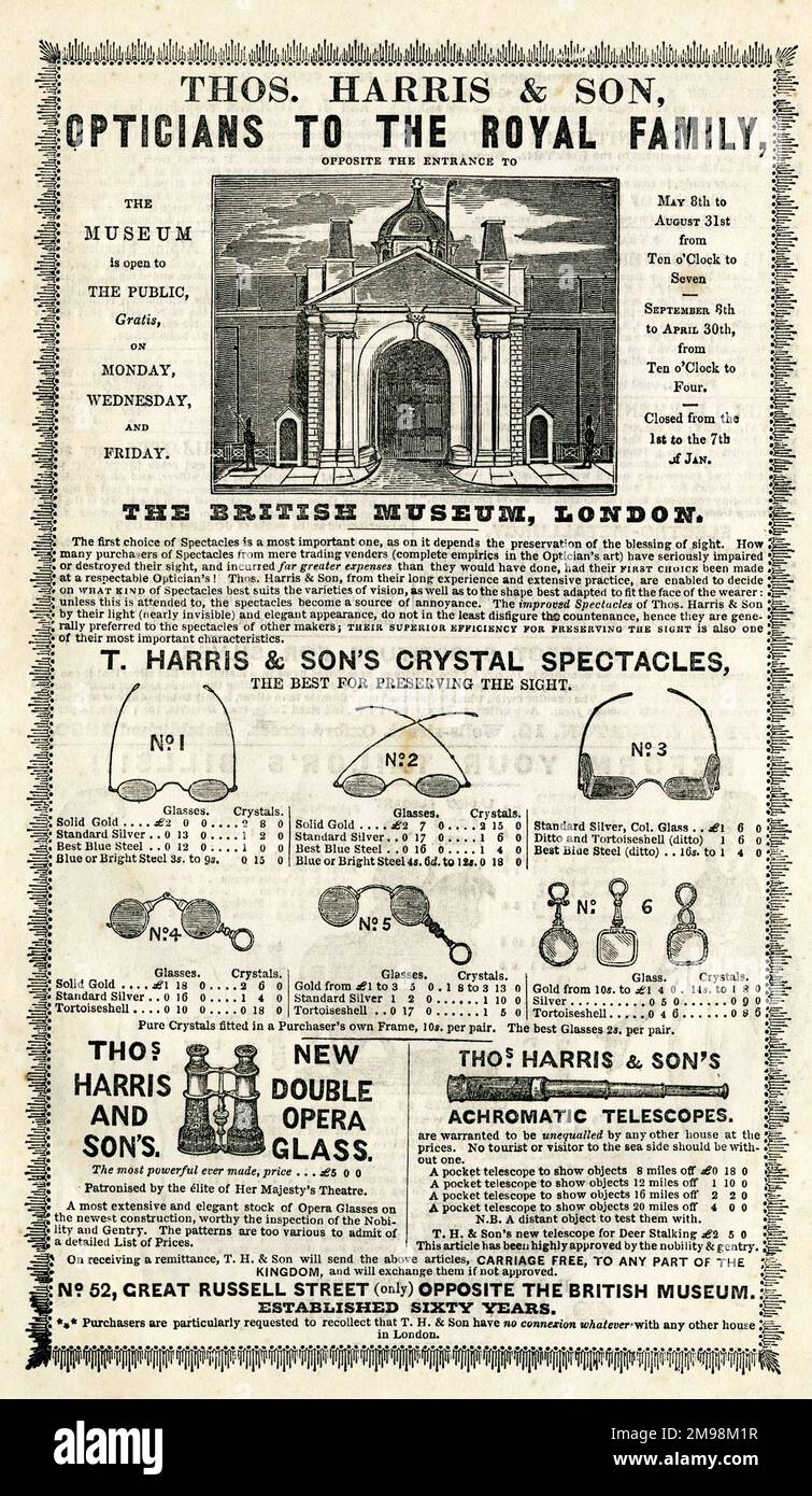 Advertisement, Thomas Harris & Son, Opticians to the Royal Family Stock ...