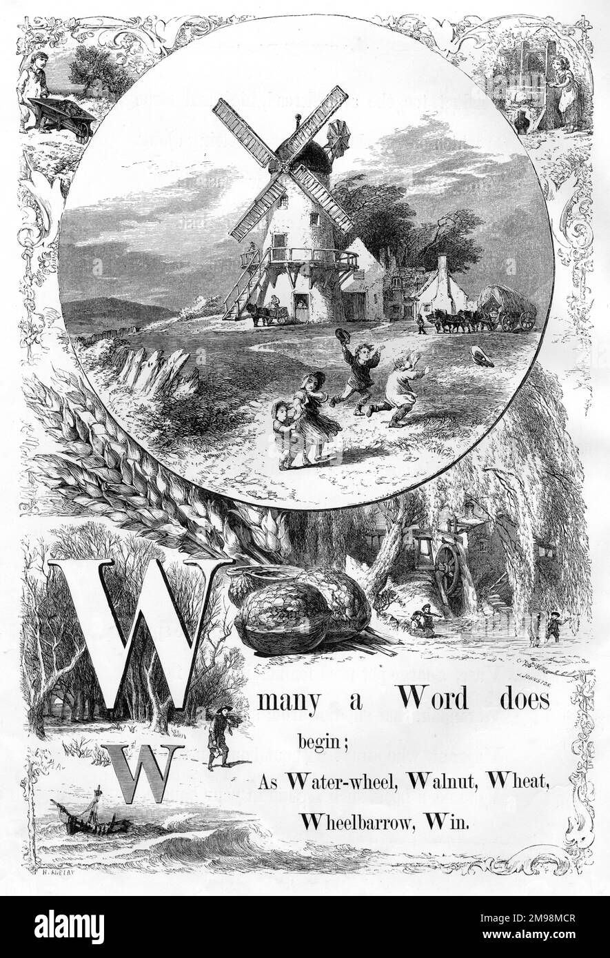 The Mother's Picture Alphabet -- W, showing a windmill on a windy day ...