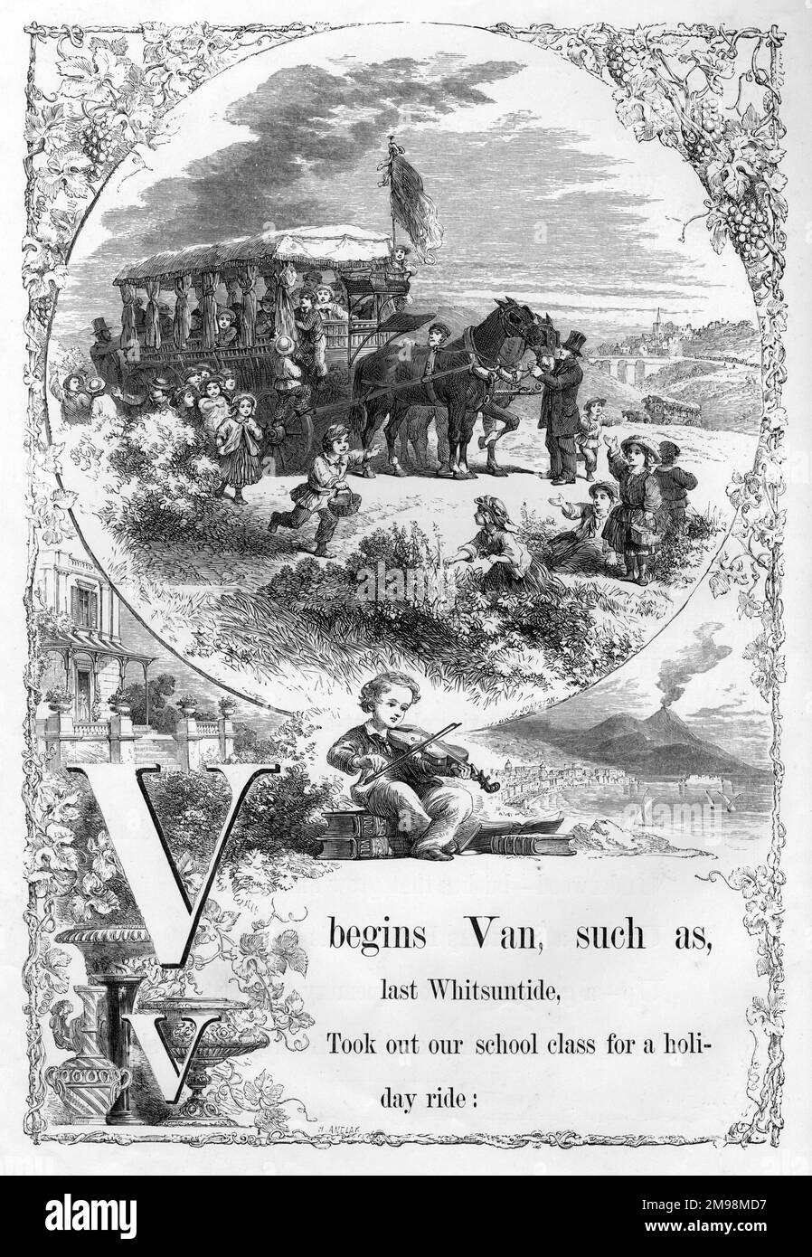 The Mother's Picture Alphabet -- V, showing a group of children going ...