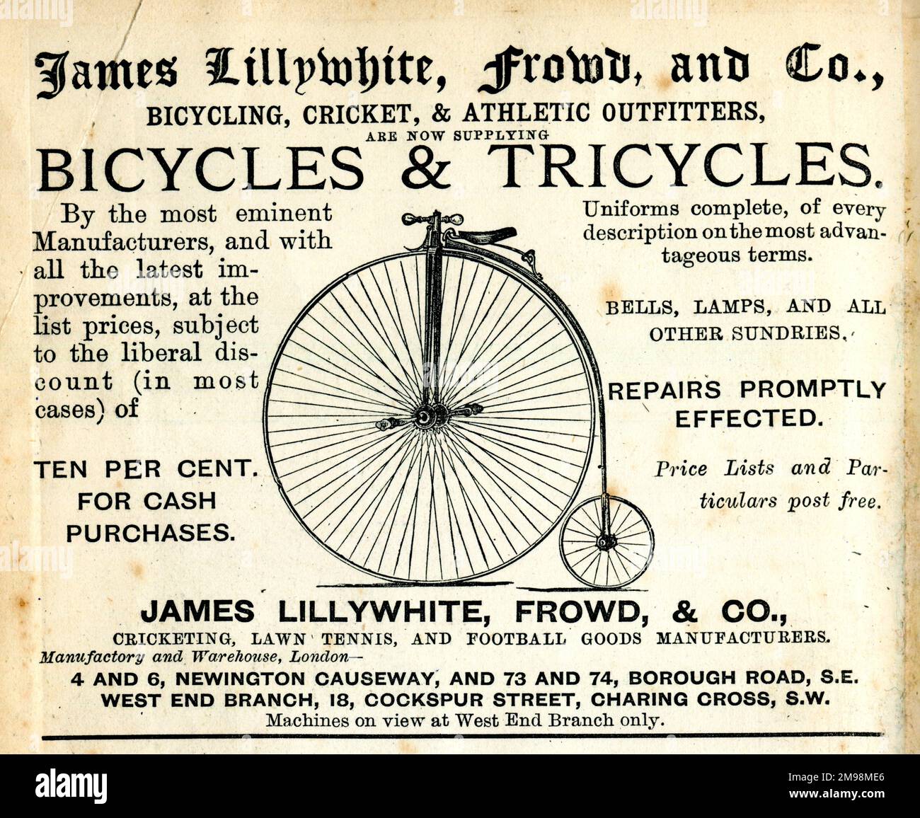 Advertisement, James Lillywhite, Frowd and Co, Bicycling, Cricket and ...