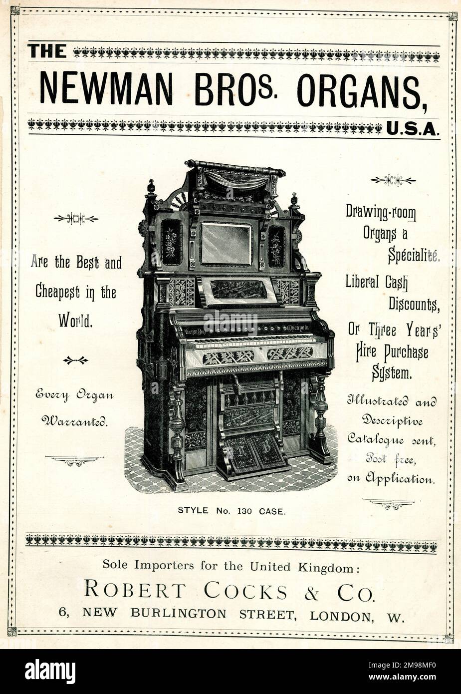 Advertisement, Newman Bros Organs, Robert Cocks & Co, New Burlington ...