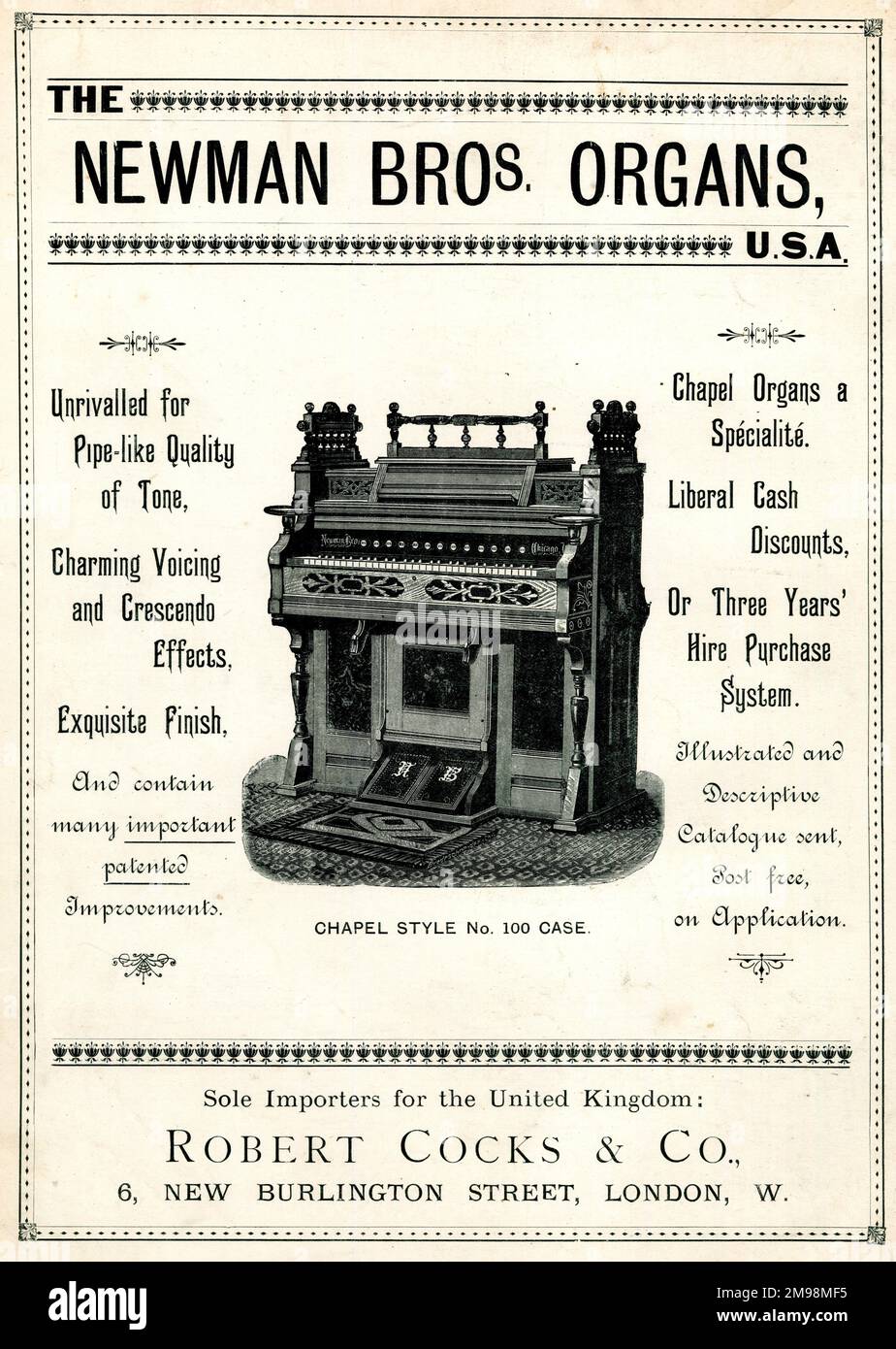 Advertisement, Newman Bros Organs, Robert Cocks & Co, New Burlington ...