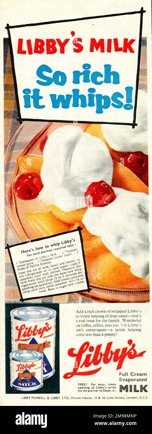 Advertisement, Libby's Full Cream Evaporated Milk -- so rich it whips ...
