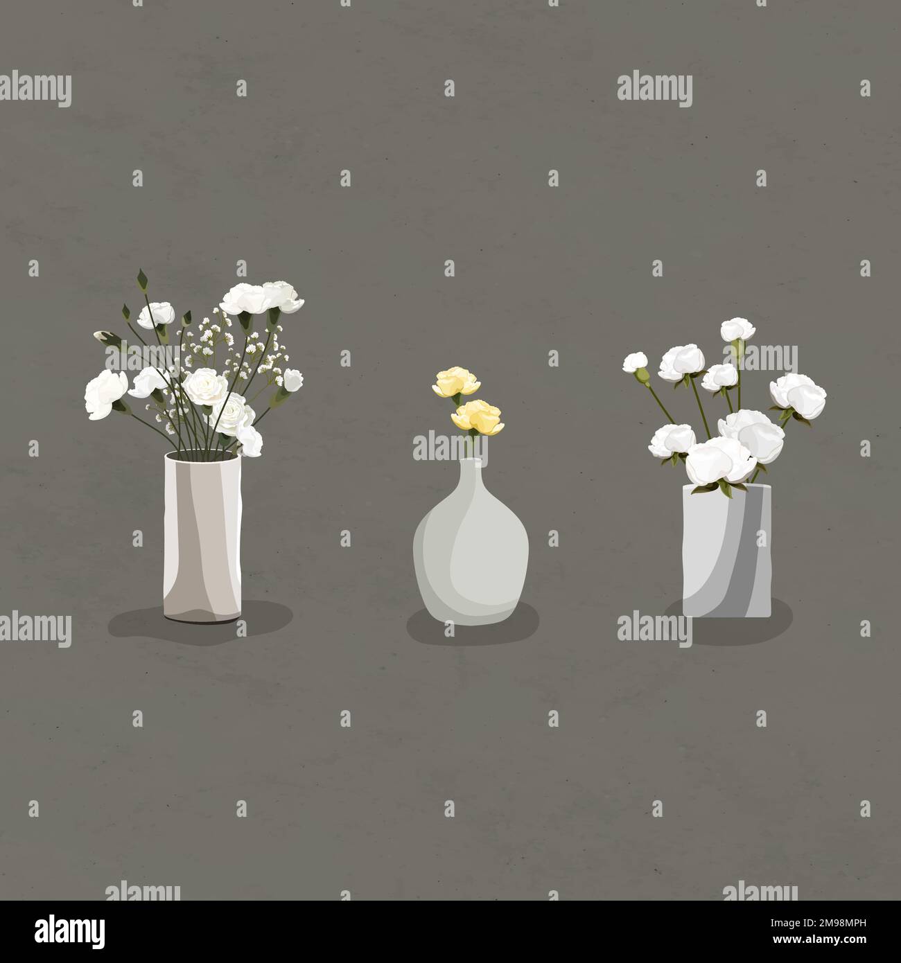 Blooming Billy Balls and white carnations in vases design element ...