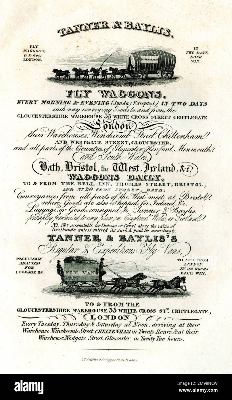 Advert for Tanner & Baylis Fly Waggons, to and from London, two days ...