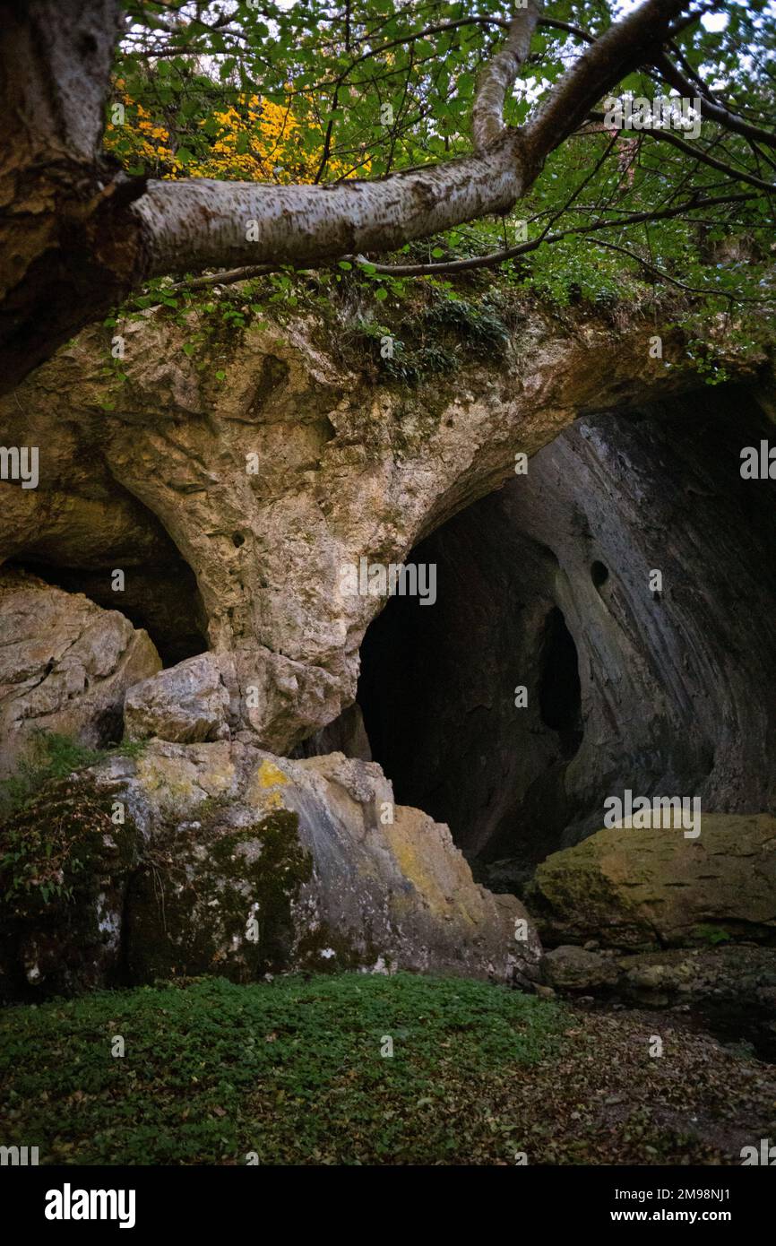 The entrance to a large cave with a river flowing through it Stock ...