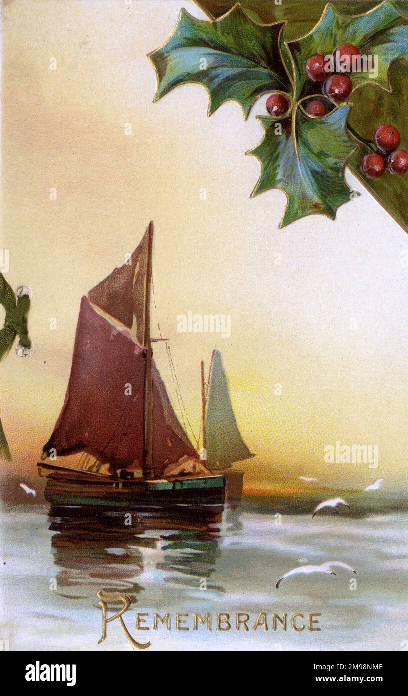 Remembrance postcard with sailing boats and holly Stock Photo - Alamy