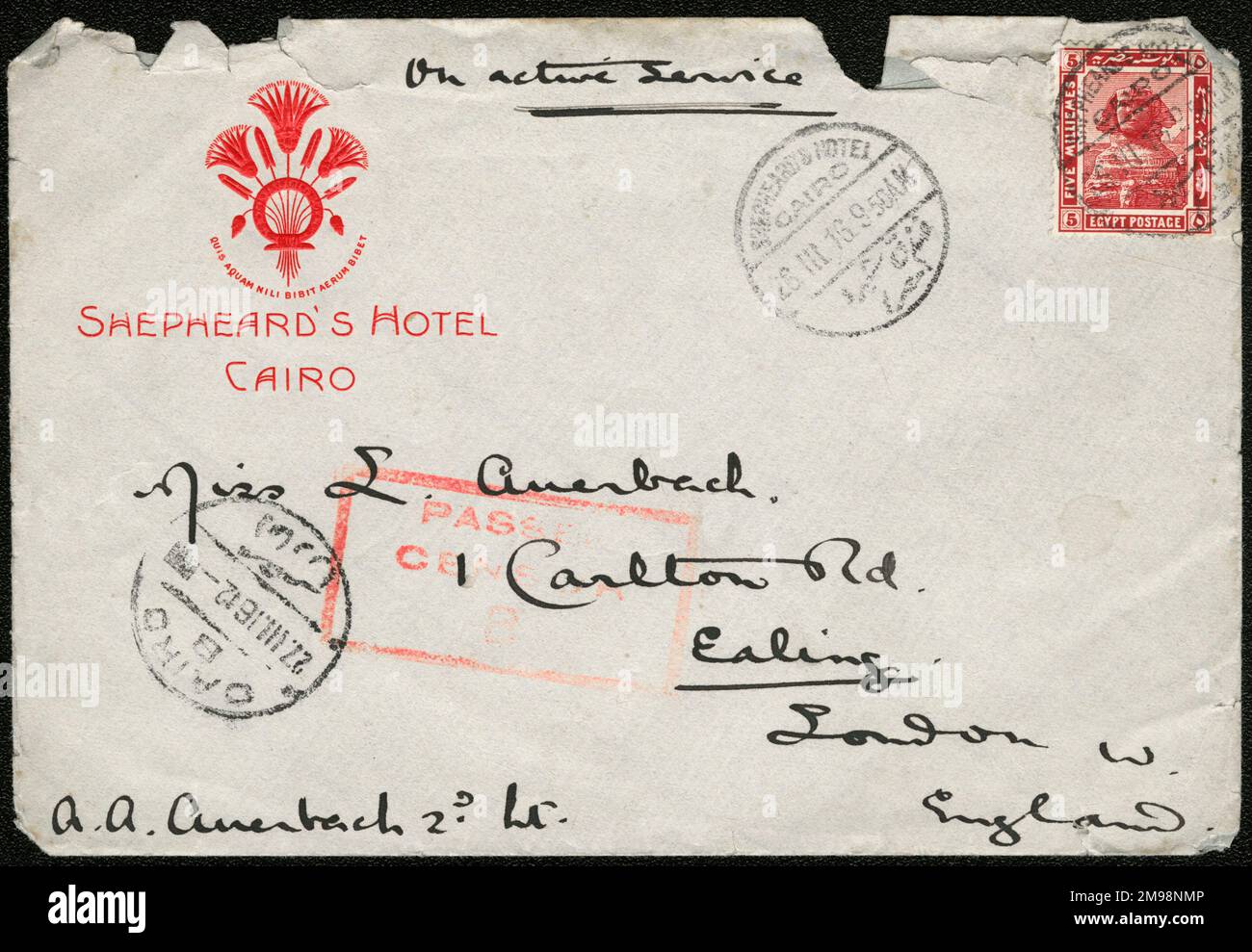 Envelope postmarked 26 and 27 March 1916 from Albert Auerbach of the ...