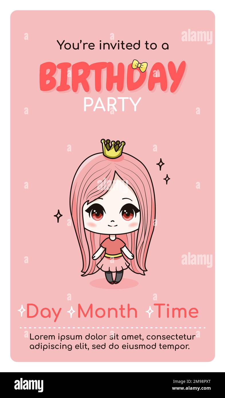 Happy birthday vertical invitation card with anime chibi girl Stock ...