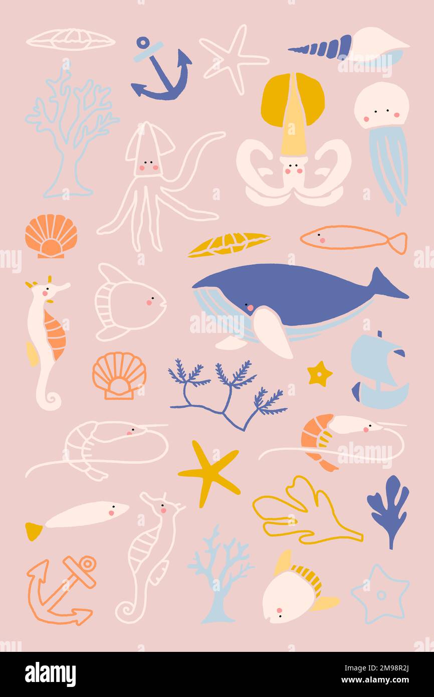 Hand drawn underwater animal collection vector Stock Vector Image & Art ...