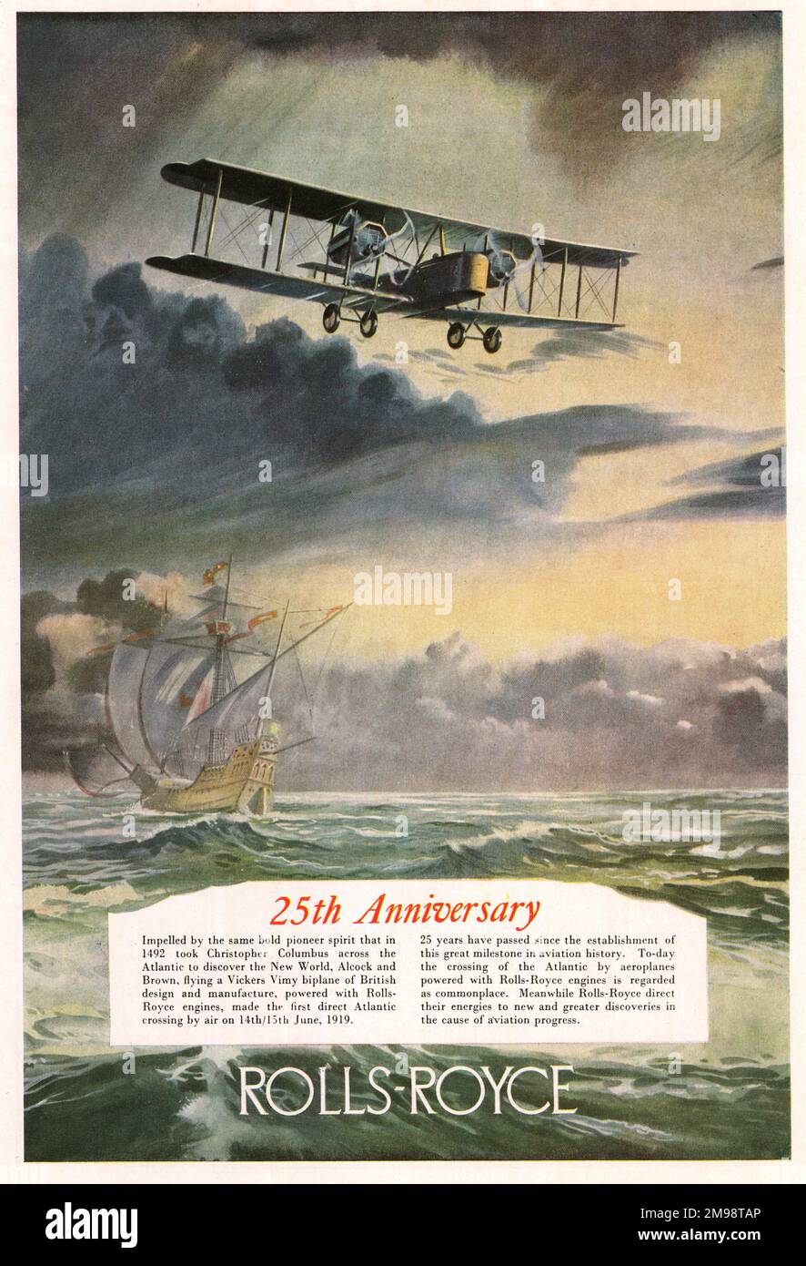 Advert for Rolls-Royce, 25th anniversary of a Vickers Vimy biplane with ...